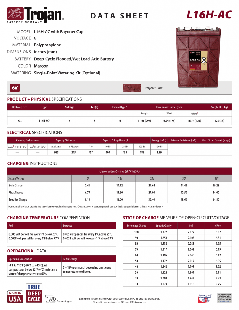 L16H-AC 6V 435AH Deep-Cycle Trojan Battery - Online Battery Sale